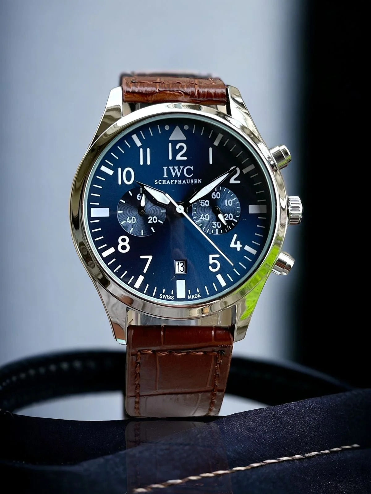 IWC Schaffhausen Chronograph Men's Watch Brown Leather Belt Blue Dial ...