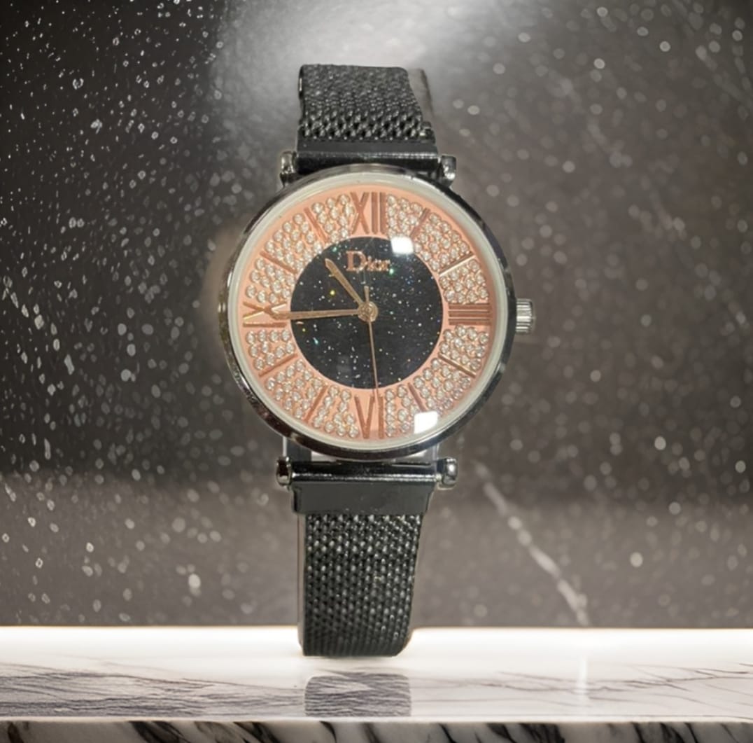 Dior Women's Watch with Black Metal Strap with Magnetic Lock and Rose ...