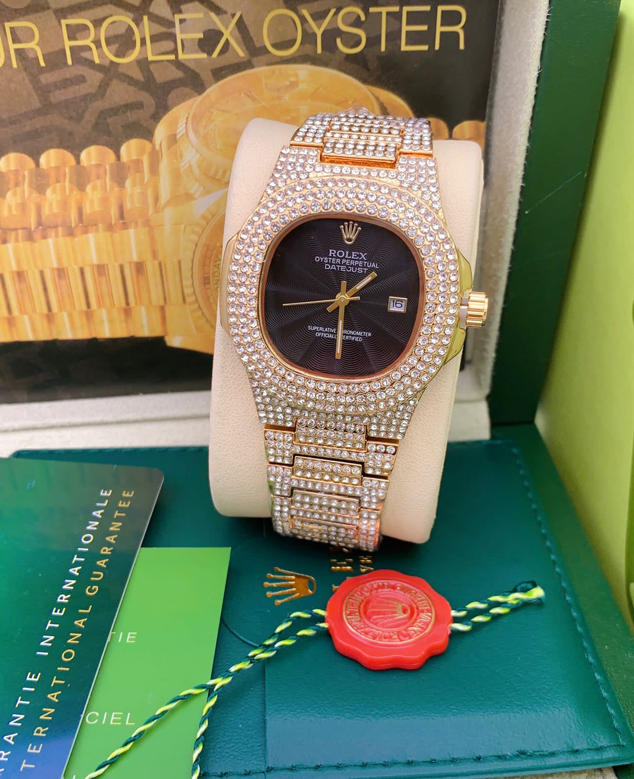 Rolex Diamond Set - Stainless Steel golden colour with shiny black dia ...